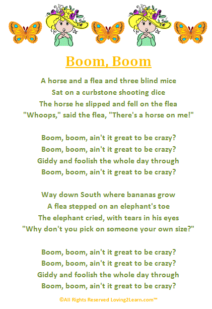 Summer Rhymes and Songs: Printable Summer Song, “Boom, Boom”