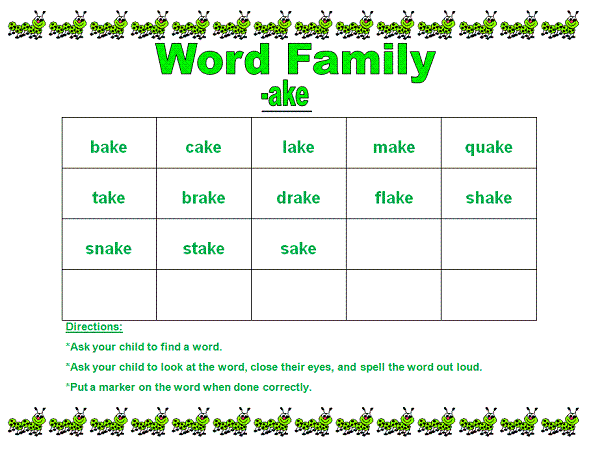 Super Subjects - It's Easy to Read and Write - Word Families - -ake ...